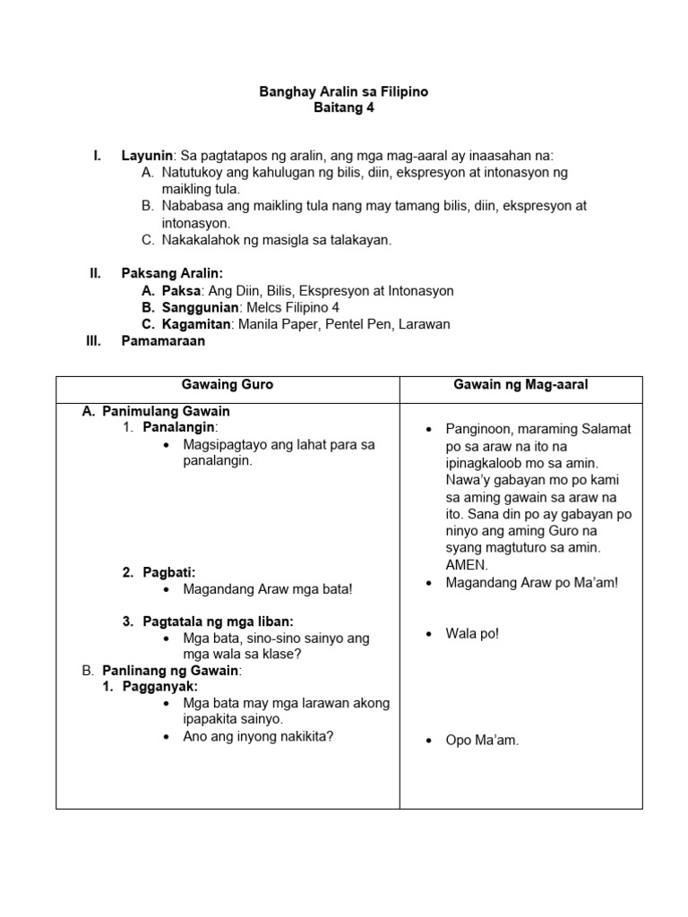 Banghay Aralin Sa Filipino LESSON PLAN | PDF