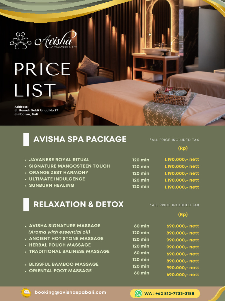 Avisha Spa Bali: Massage & Ritual Prices | PDF