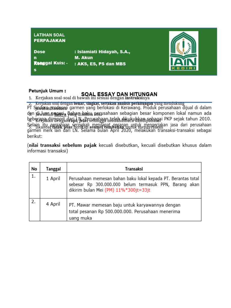 Soal Uas Dan Jawaban Kuis Perpajakan | PDF