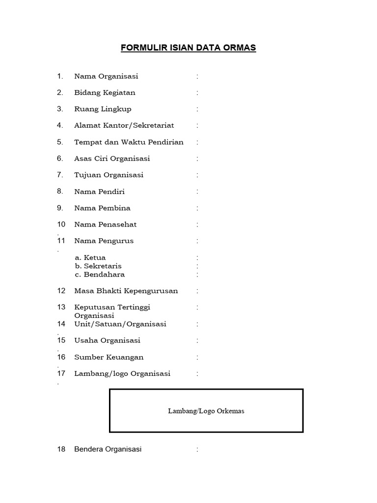 Formulir Isian Data Ormas | PDF | Bisnis