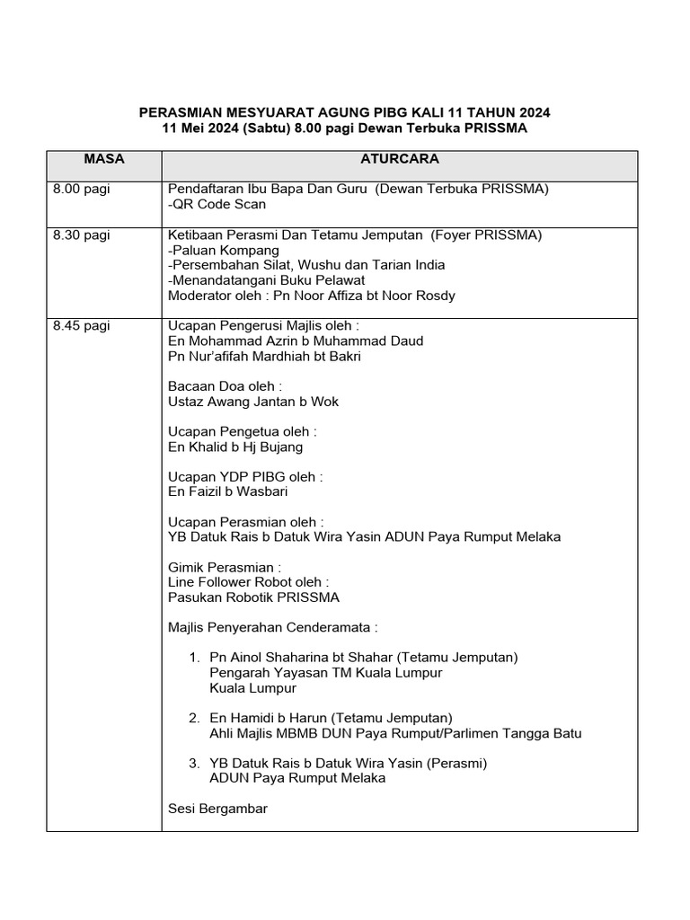 Tentatif Perasmian Mesyuarat Agung Pibg 2024 | PDF
