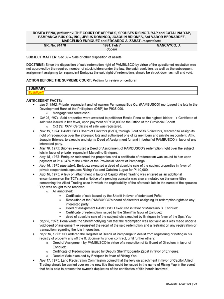 Pena v. CA, Sps. Yap Et Al. | PDF | Deed | Jurisdiction