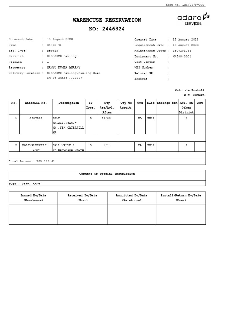 Warehouse Reservation NO: 2446824 | PDF