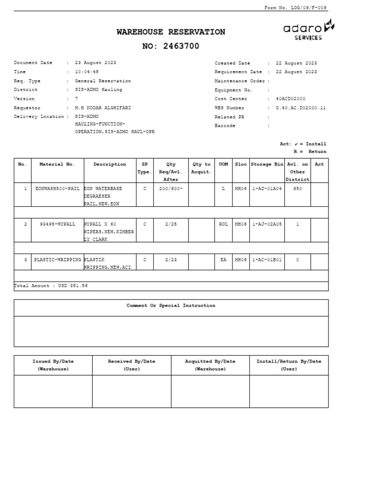 Warehouse Reservation Form LOG/09/F-009 | PDF | Logistics