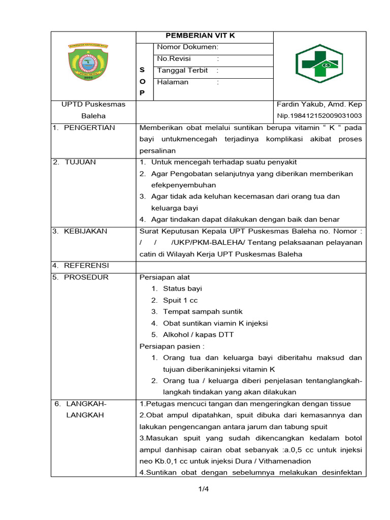 Sop Pemberian Vit K | PDF