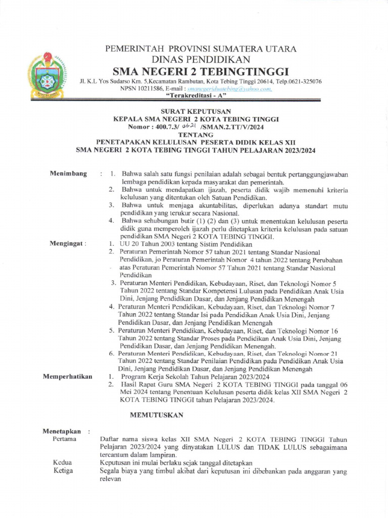 Pengumuman Kelulusan Tahun Ajaran 2023-2024 | PDF
