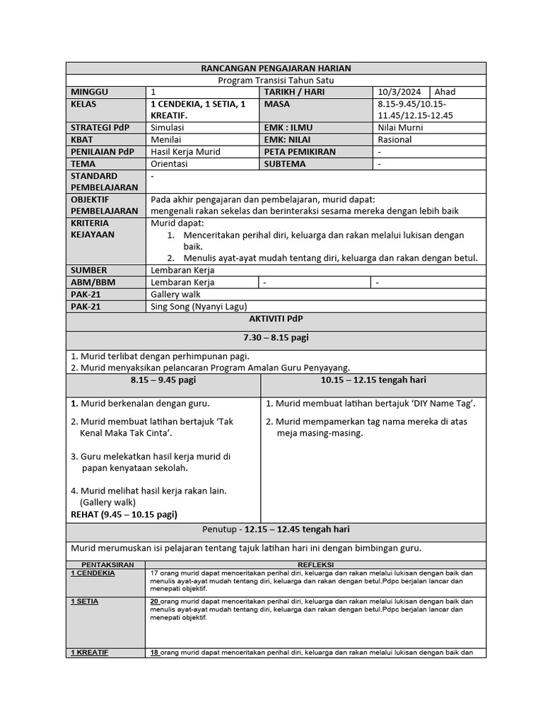 RPH Transisi Tahun 1 Minggu 1 - 2024 | PDF