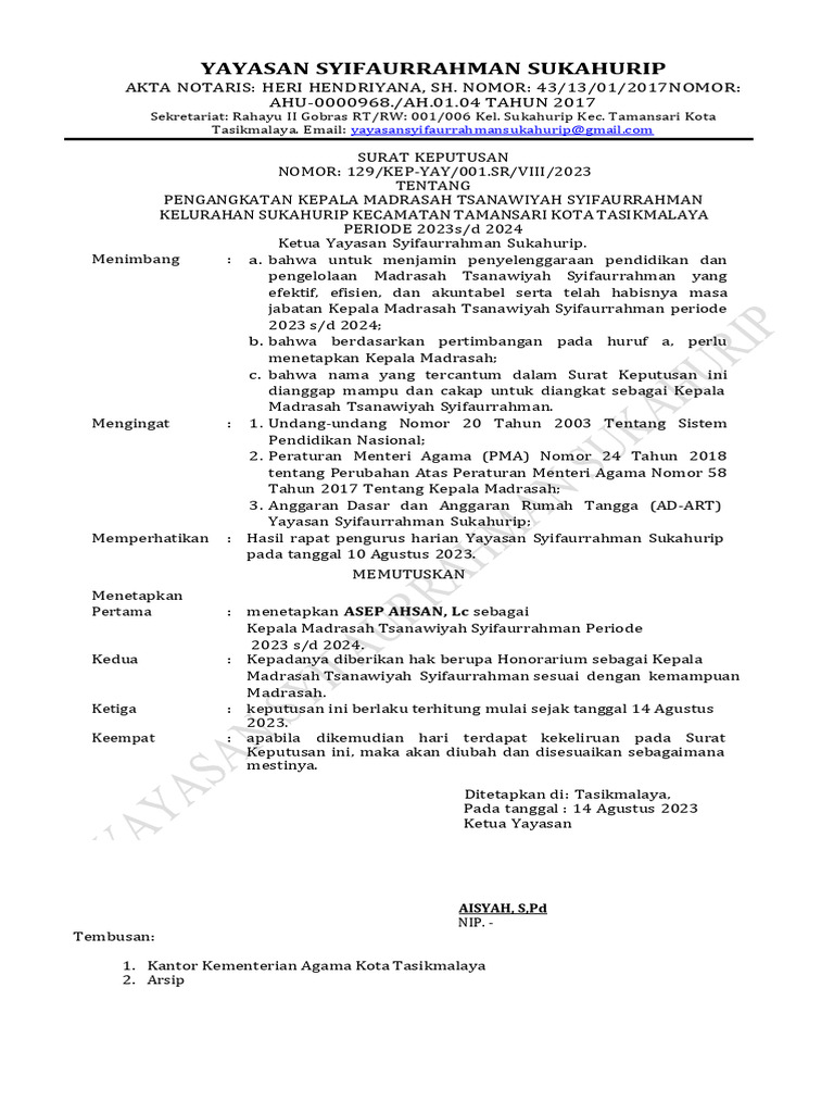 SK Pengangkatan Kamad Asep | PDF