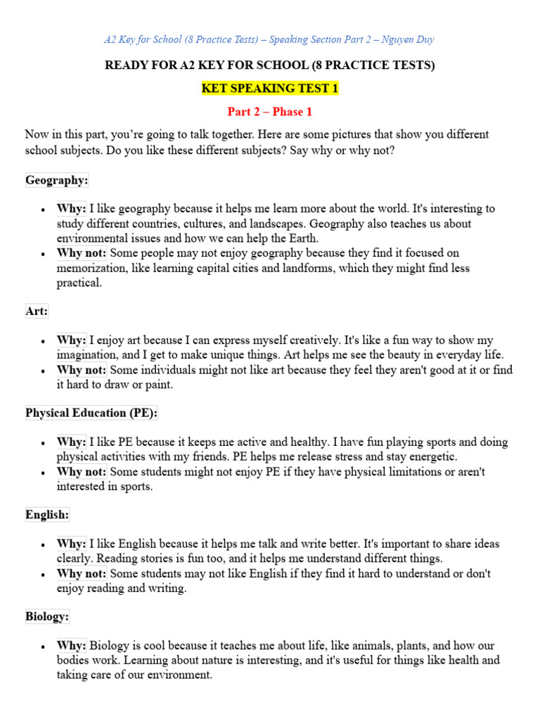 Part 2 Speaking Ready For A2 Key For School (8 Practice Tests) | PDF ...