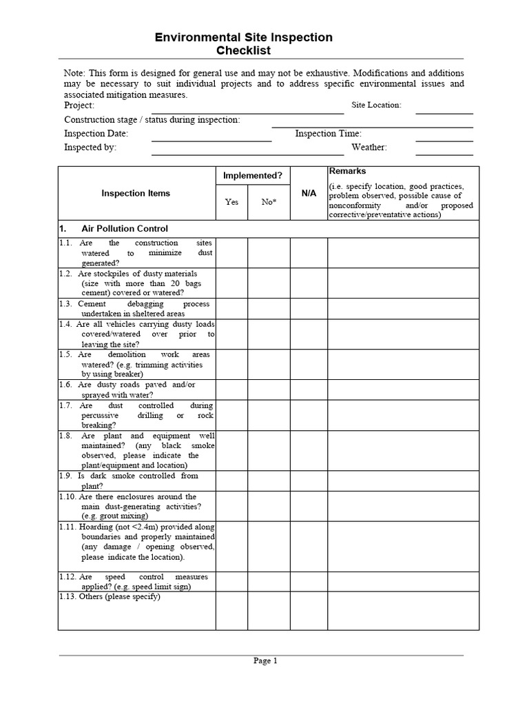 Environmental Site Inspection Checklist MVL | PDF | Dust | Pollution