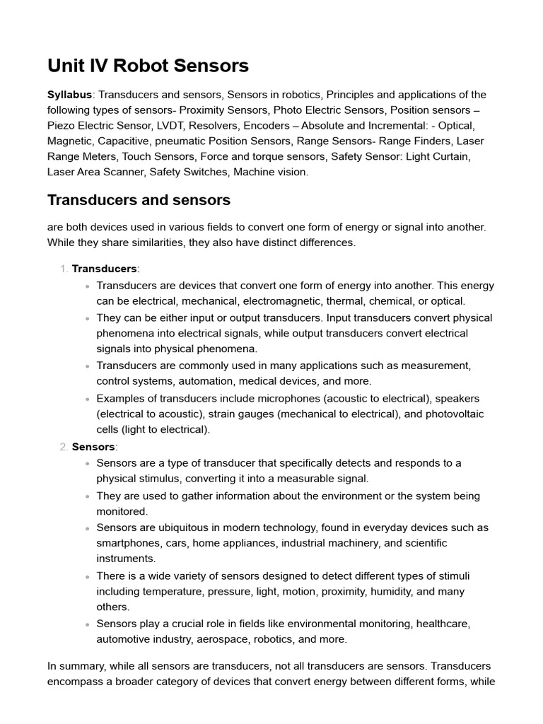 Unit IV Robot Sensors | PDF | Piezoelectricity | Electrical Engineering