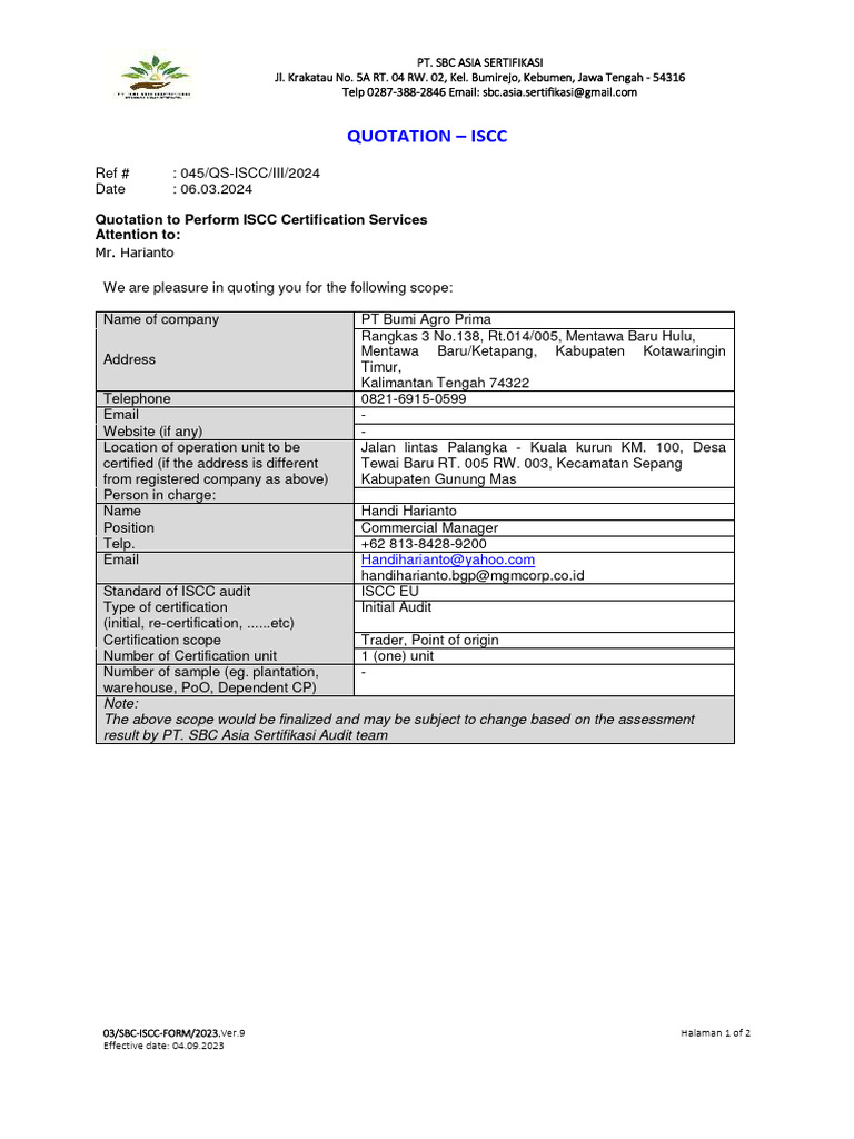 FORM 03 - ISCC Audit Quotation Ver.9 PT Bumi Agro Prima Rev1 | PDF ...