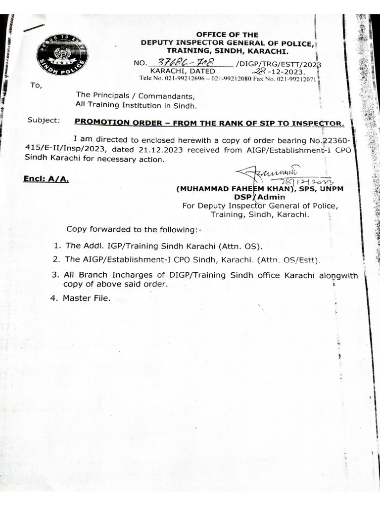 Promotion Order From The Rank of SIP | PDF