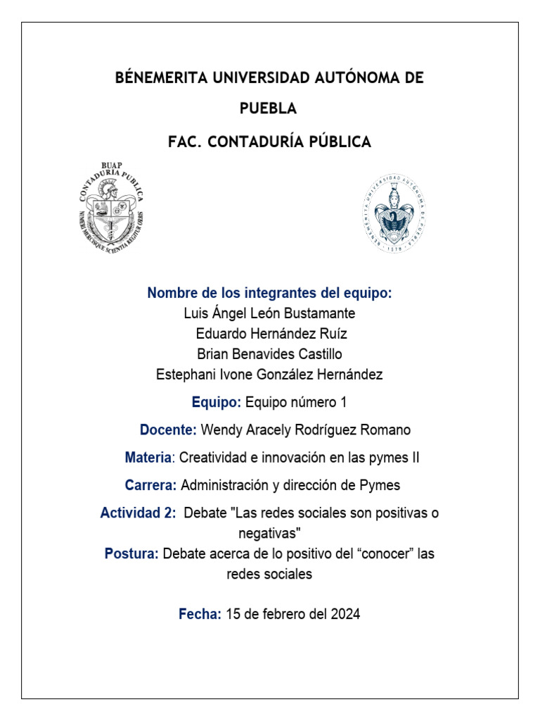 Equipo 1. Debate, las redes sociales son positivas o negativas | PDF | Servicio de redes ...