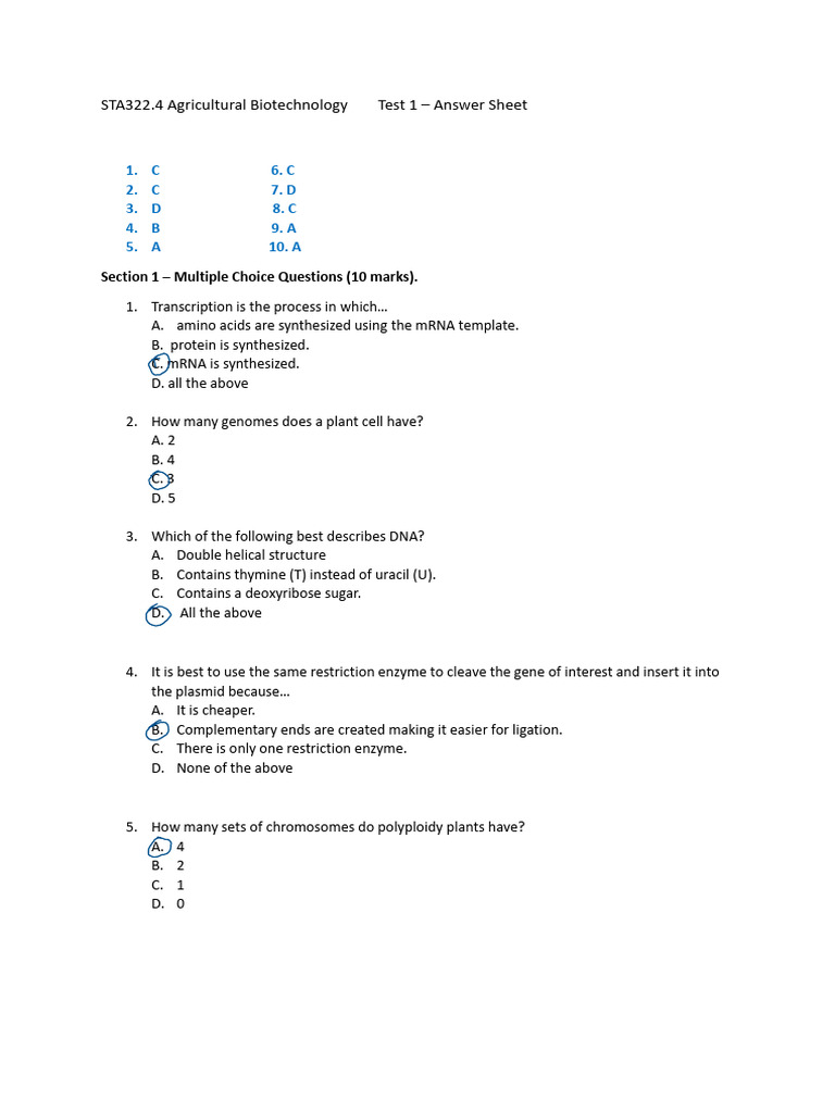 Test 1 Answers | PDF | Dna | Gene