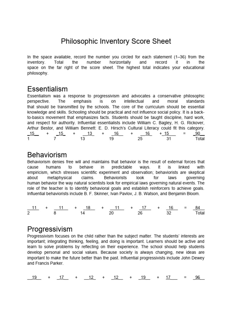 EDU 130 Philosophic Inventory Score Sheet | PDF | Existentialism ...