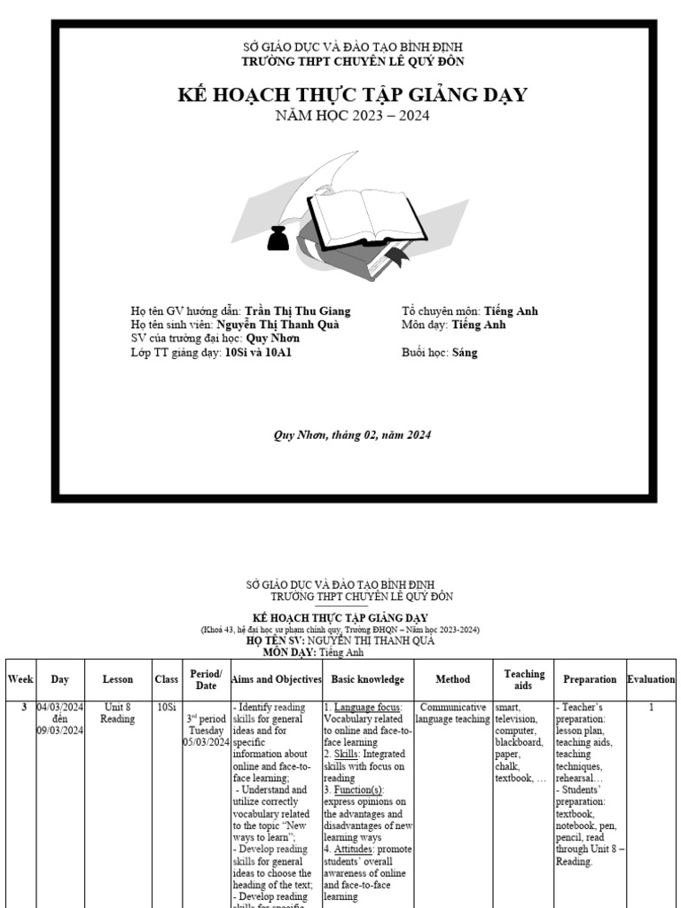 1. Kế Hoạch TTGD - SV Nguyễn Thị Thanh Quà | PDF | Language Education | Learning
