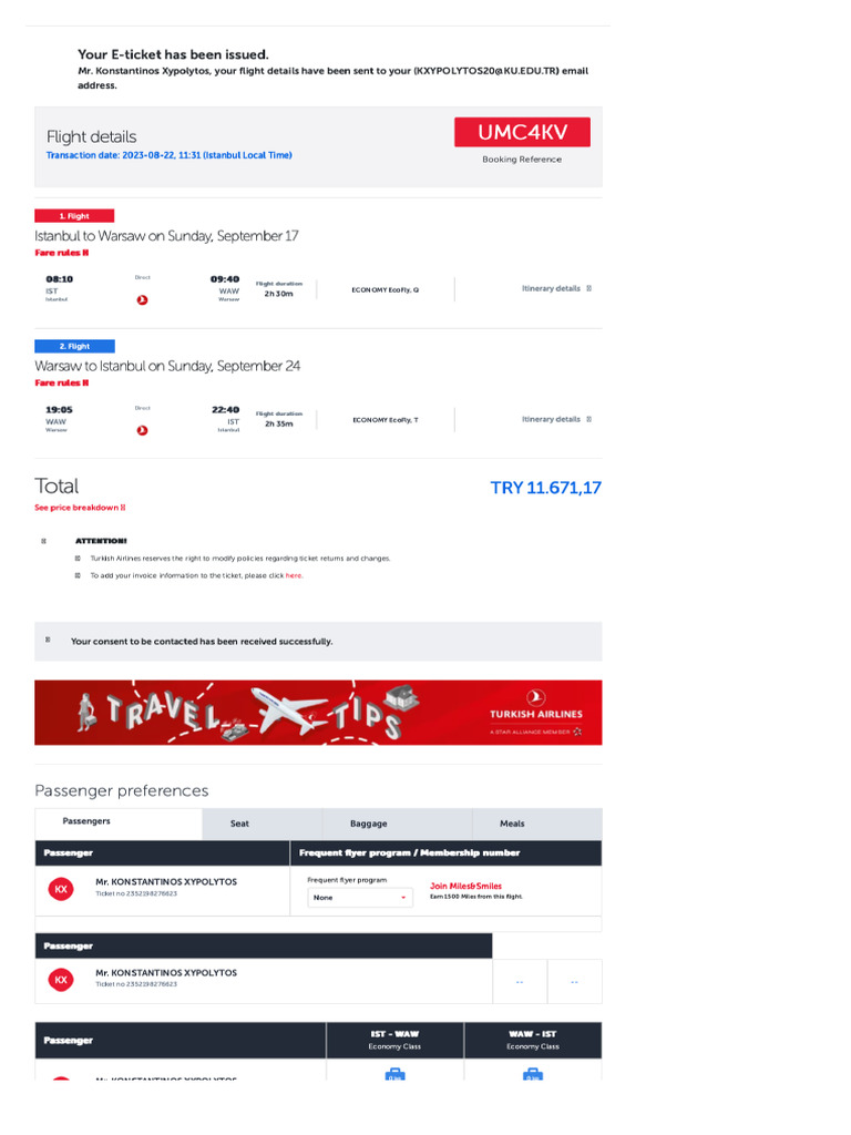 Turkish Airlines KX Ticket | PDF