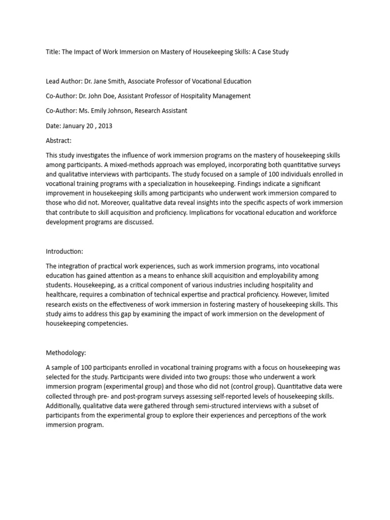 Work Immersion Boosts Housekeeping Skills | PDF | Qualitative Research ...