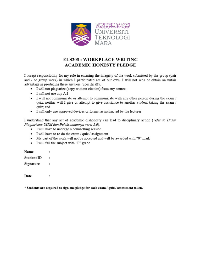 Academic Honesty Pledge for Exams | PDF