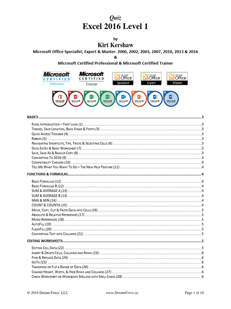 Excel 2016 Level 1 Quiz | PDF | Microsoft Excel | Spreadsheet