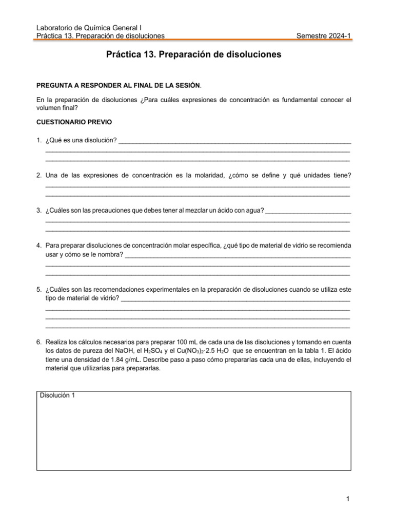 Practica - 13 - Preparación de Disoluciones - 2024-1 | PDF | Concentración | Valoración