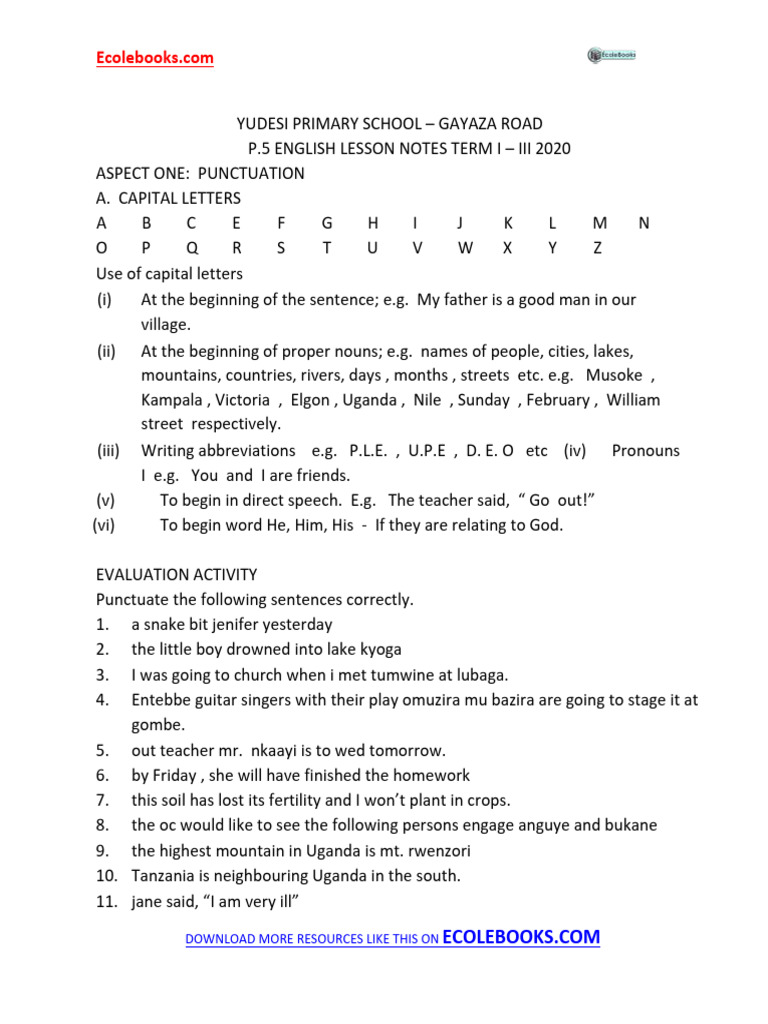 p.5 English Lesson Notes Term One 2020 | PDF | Adverb | Plural