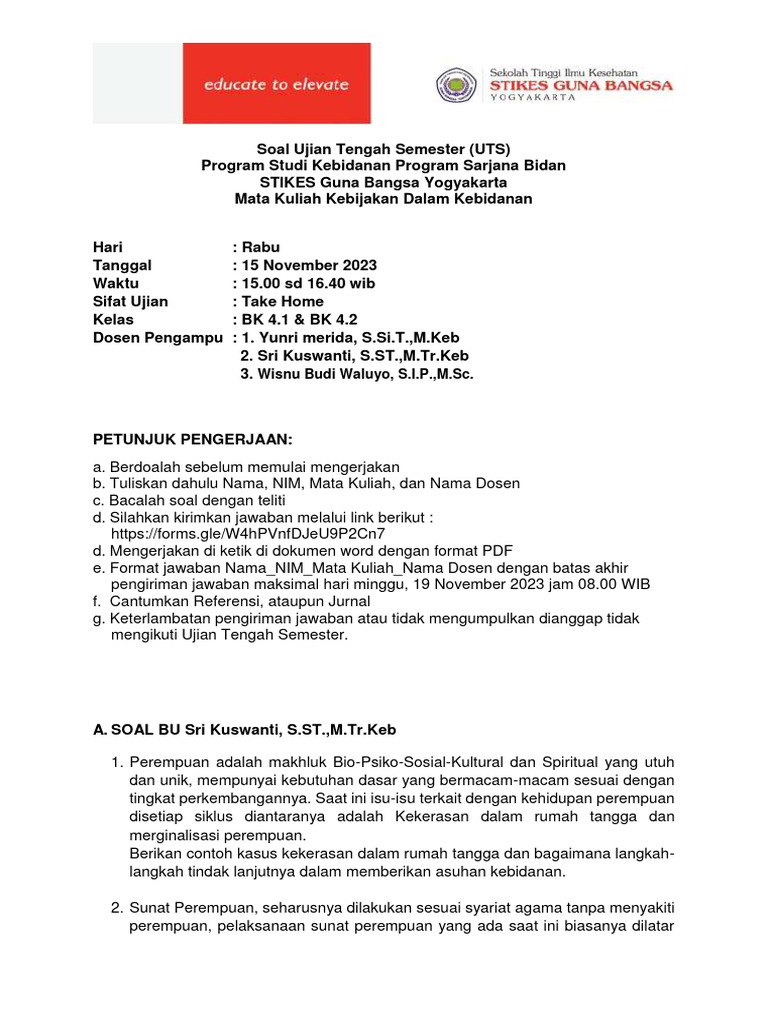 New Soal UTS Kebijakan Dalam Kebidanan 2324 | PDF
