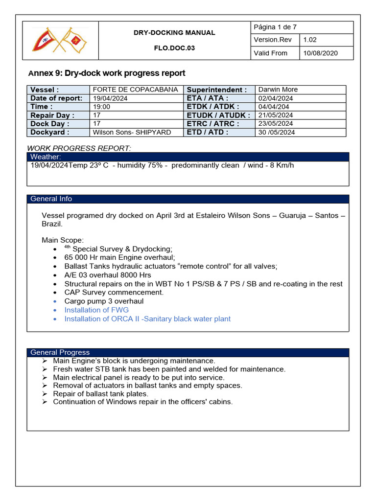 Dry-Docking Progress Report for Forte | PDF | Shipping | Water Transport