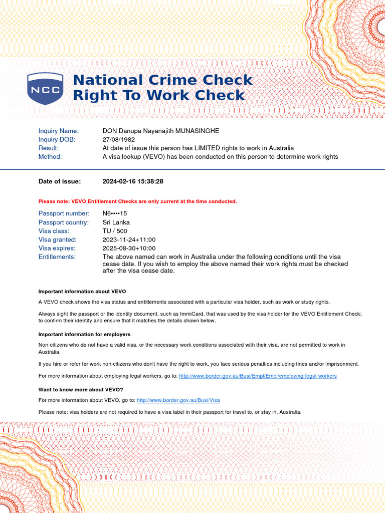 Entitlement Work 8947369 Munasinghe | PDF | Travel Visa | Passport