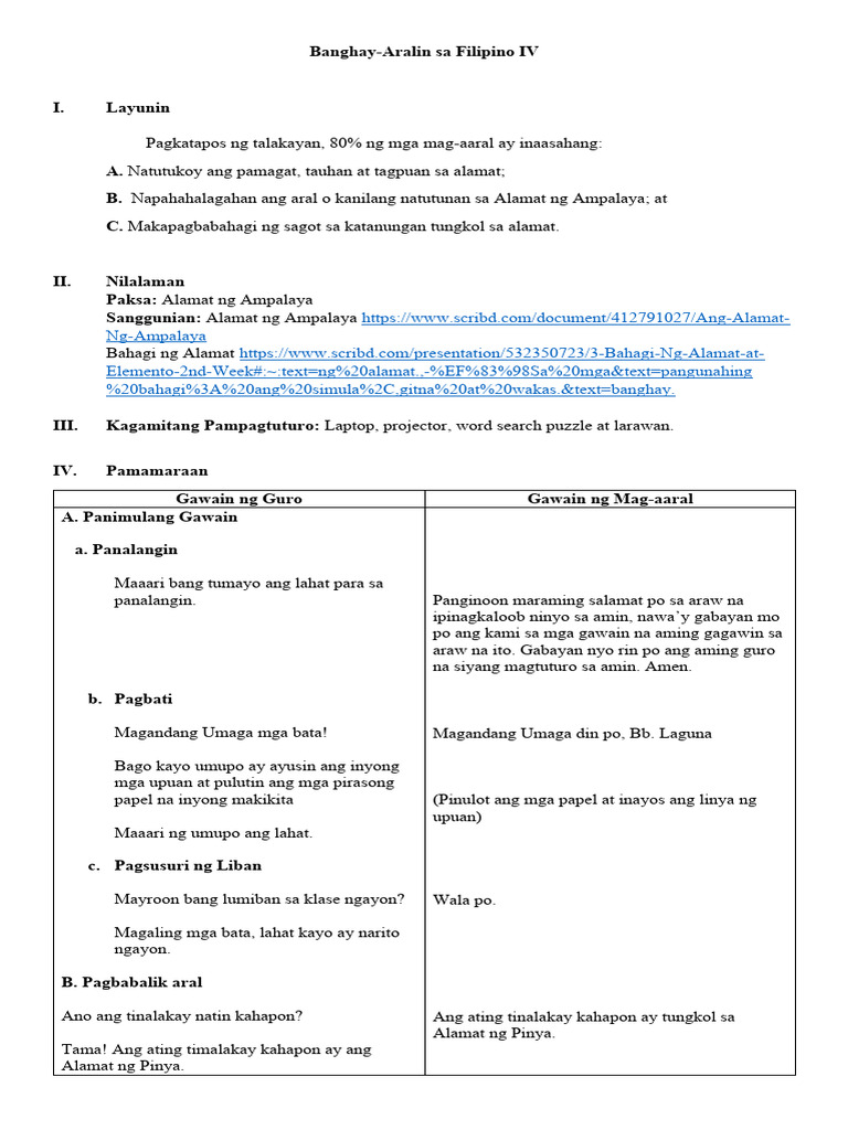 Masusing Banghay Aralin Sa Filipino IV (Alamat NG Ampalaya) | PDF