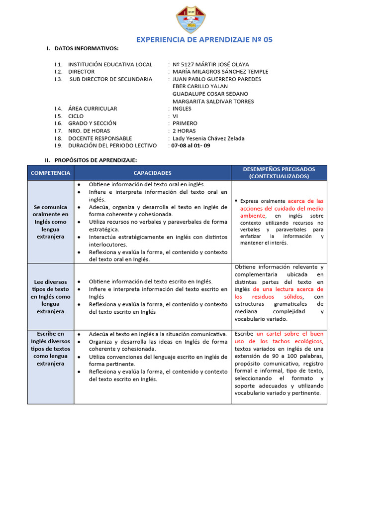 EXPERIENCIA DE APRENDIZAJE #05docx - Docx Primero | PDF | Evaluación | Aprendizaje