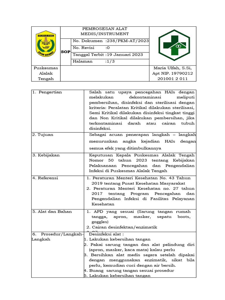 5.5.3.1 Sop Pemrosesan Alat Instrumen Medis | PDF