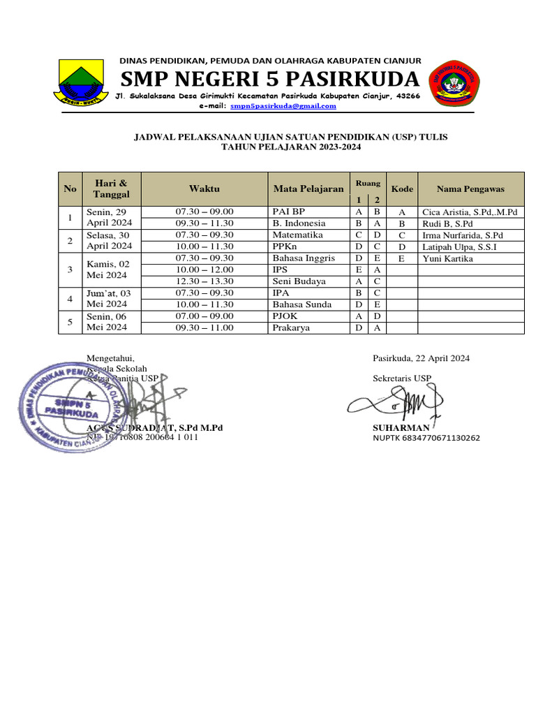 JADWAL USP TULIS Dan PENGAWAS 2024 | PDF