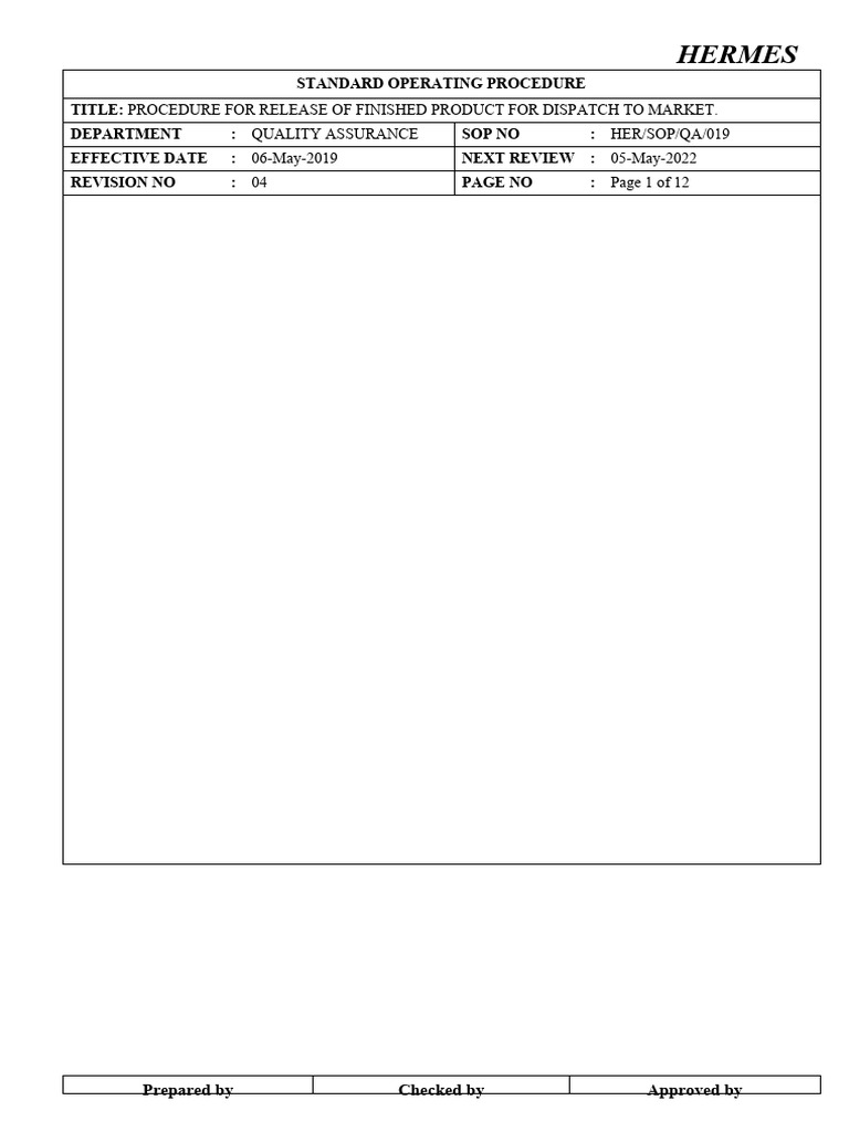 Finished Product Dispatch Procedure | PDF | Quality Assurance ...