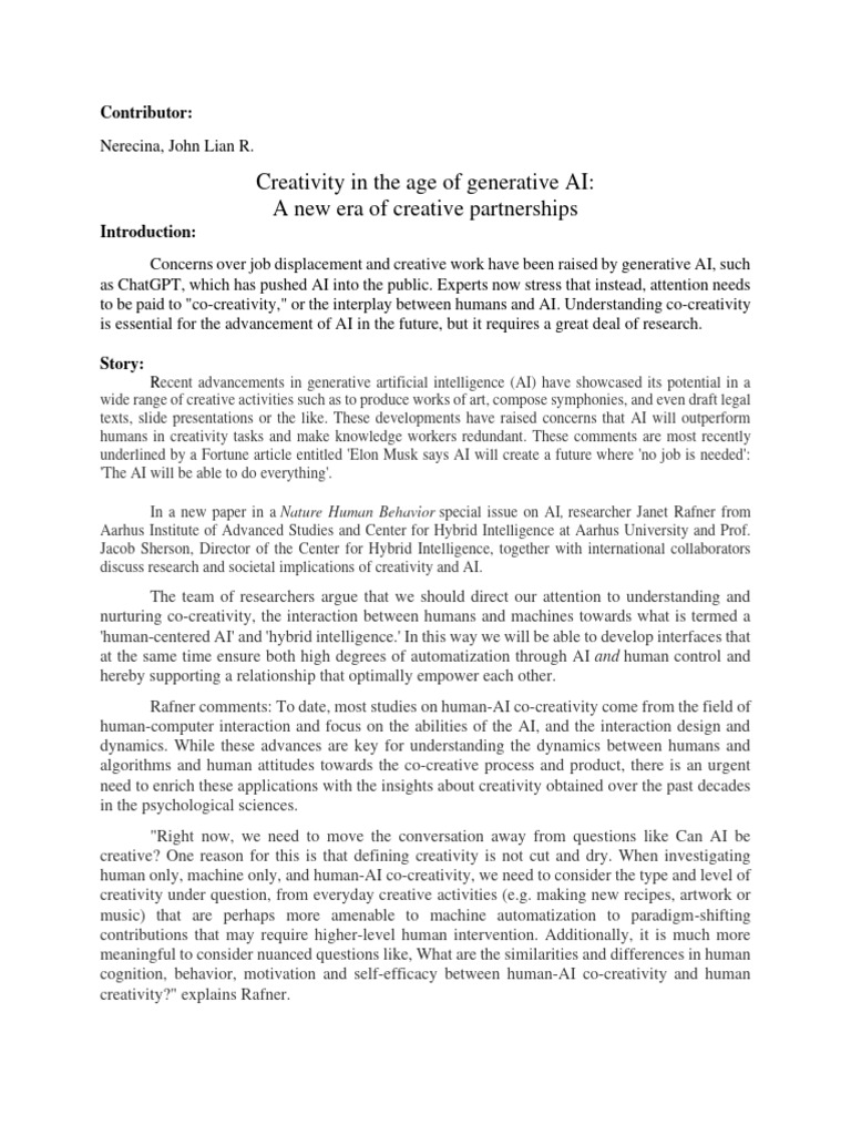 Creativity in the age of generative AI | PDF | Intelligence (AI) & Semantics | Artificial ...