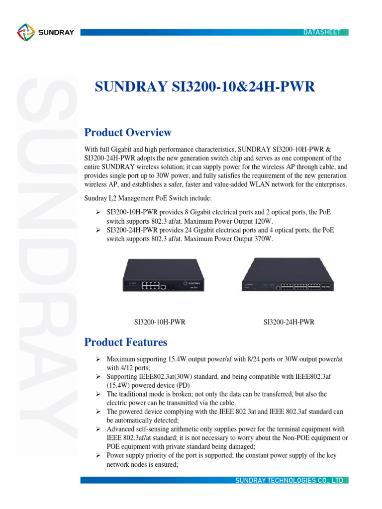 Sundray Si3200-10&24h-Pwr | PDF | Networking Standards | Telecommunications