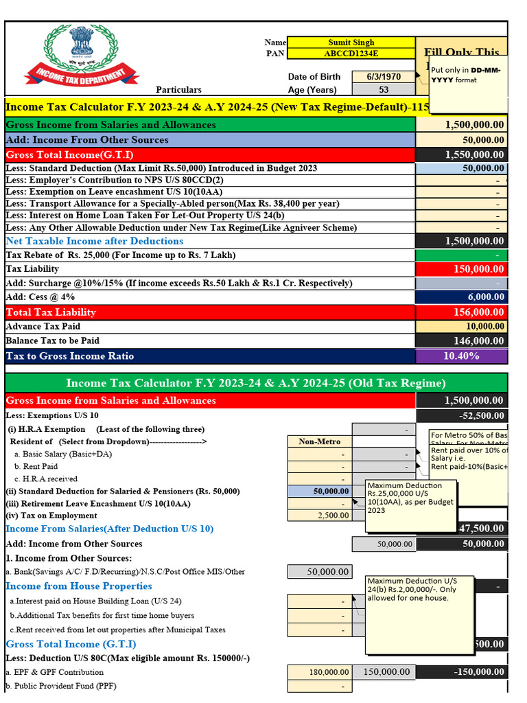 Income Tax Calculator FY 2023-24 | PDF | Taxes | Payments