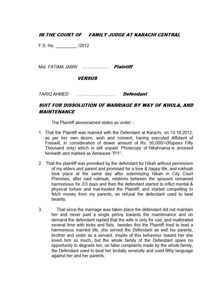 Suit For Dissolution of Marriage by Way of Khula and Maitenance2 | PDF ...