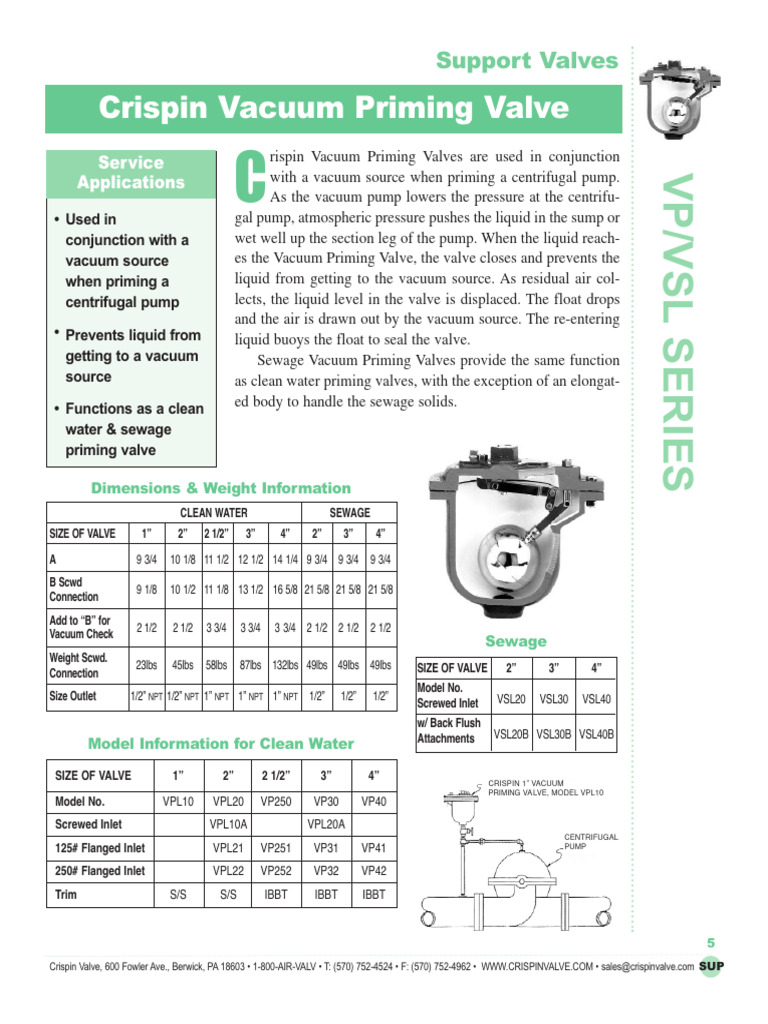 Crispin Vacuum Priming Valves Guide | PDF | Valve | Pump
