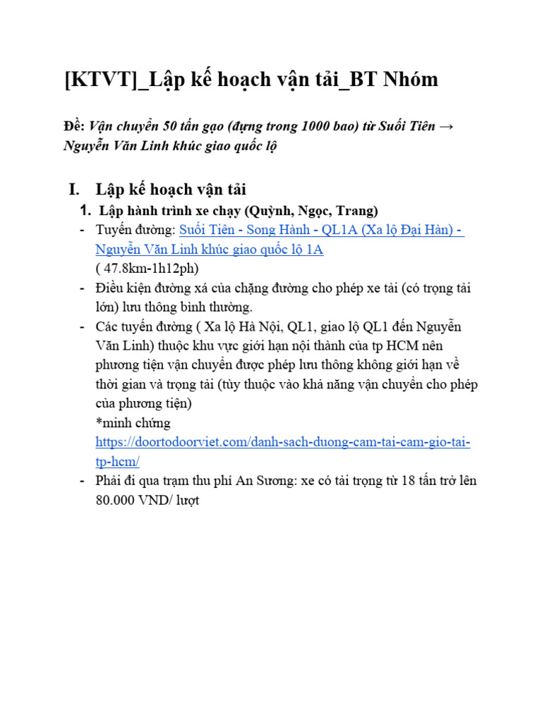 (KTVT) - Lập kế hoạch vận tải - BT Nhóm | PDF