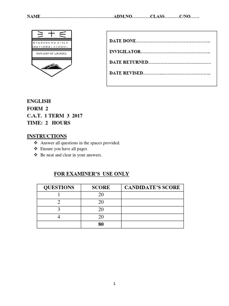 Ex20242901001-English Form 2 Term 2 Exams | PDF | Prison | Tuberculosis