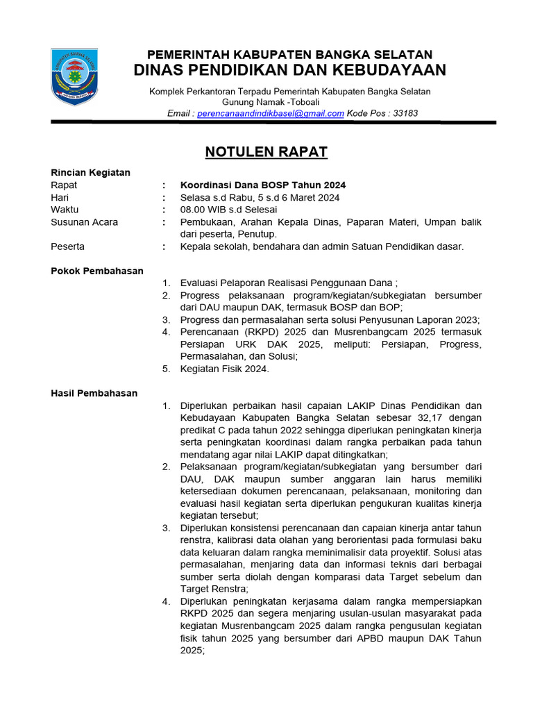 Draft Notulen Rapat Kerja Internal Dindikbud (22 Februari 2024) Final ...