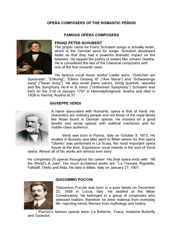 Opera Composers of The Romantic Period | PDF | Singing | Richard Wagner