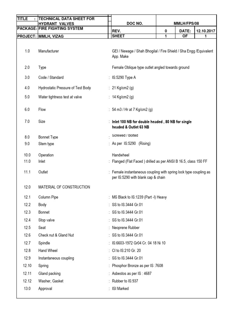 Fire Hydrant Valve Specs Sheet | PDF | Valve | Mechanical Engineering