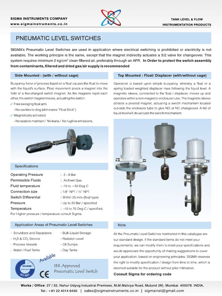 Pneumatic Level Switch Sigma | PDF