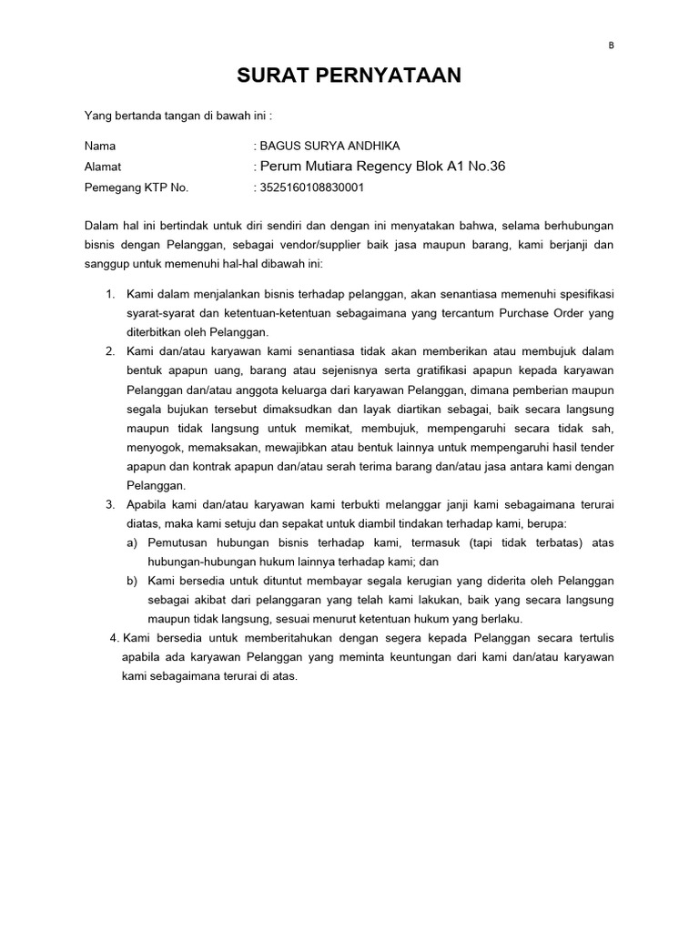 Surat Pernyataan Etika Bisnis Vendor | PDF
