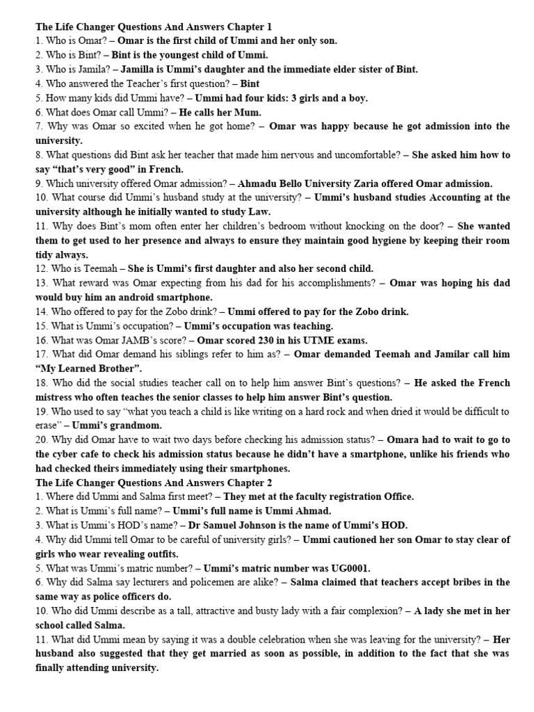 The Life Changer Questions and Answers Chapter 1 | Download Free PDF ...
