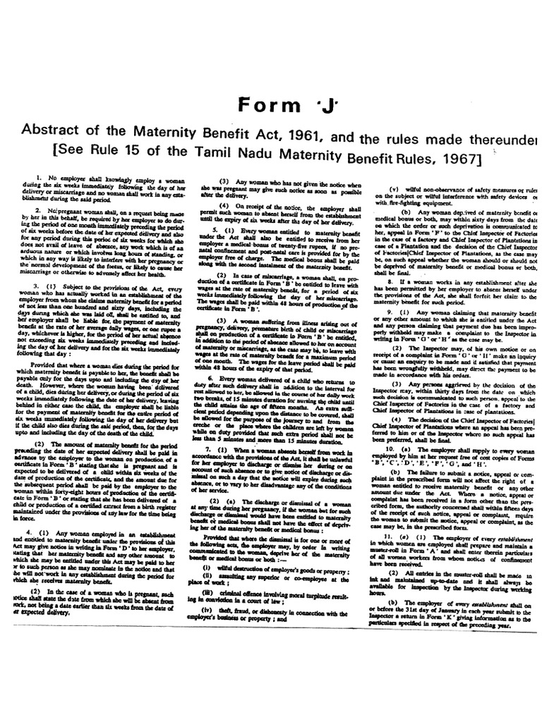 FORM J (Abstract of Maternity Benefit Act) | PDF