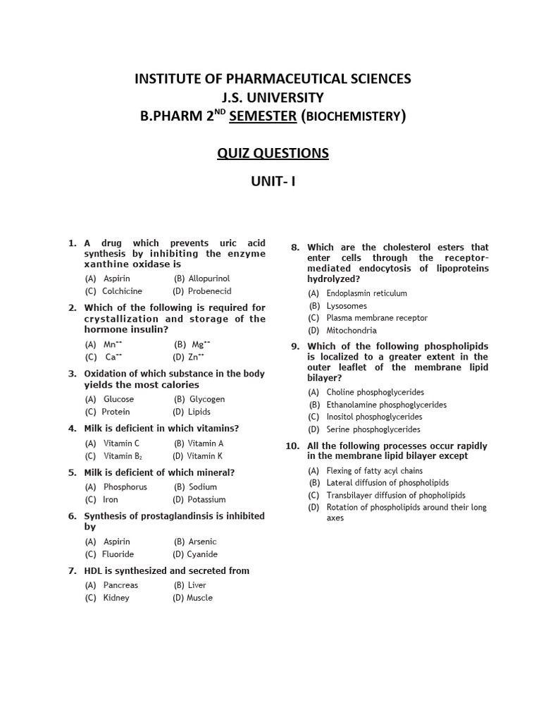 Biochemistry MCQ | PDF | Nucleotides | Phospholipid